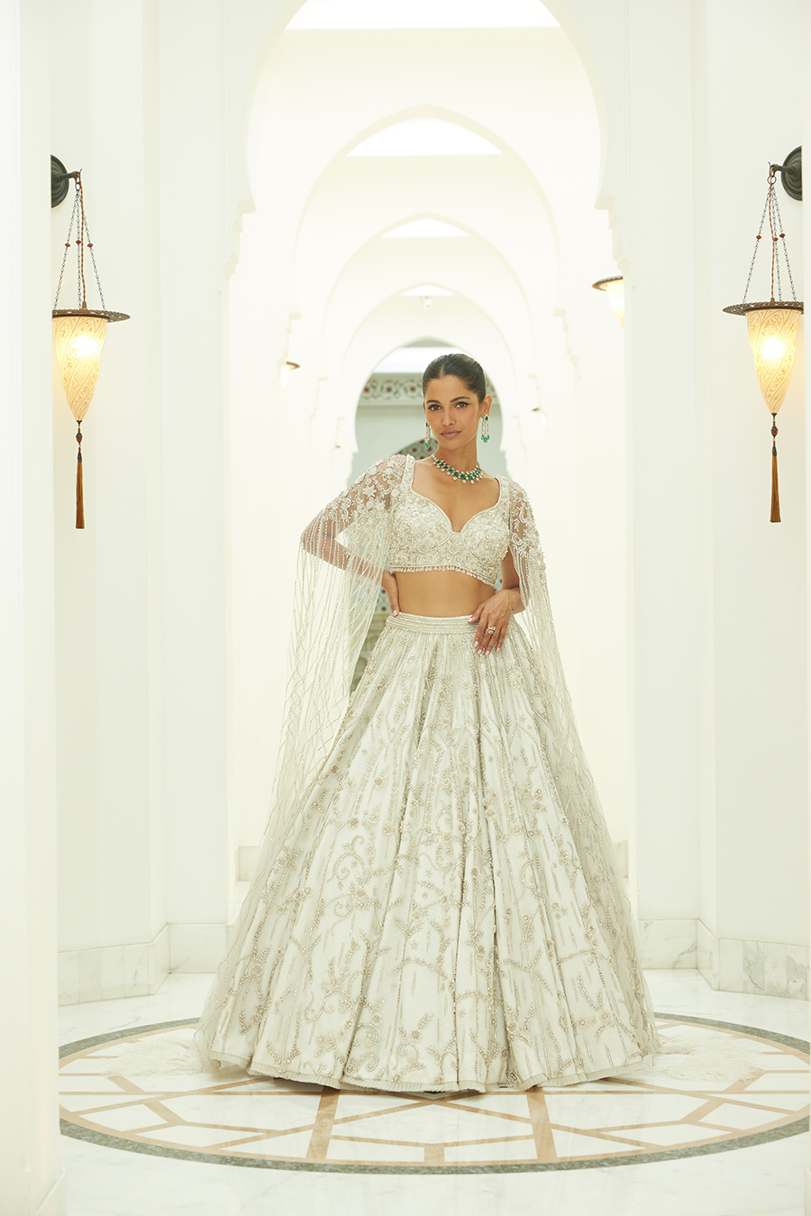 IVORY NET FLARED SKIRT AND BLOUSE WITH LONG BIRD SLEEVES – Nitika Gujral
