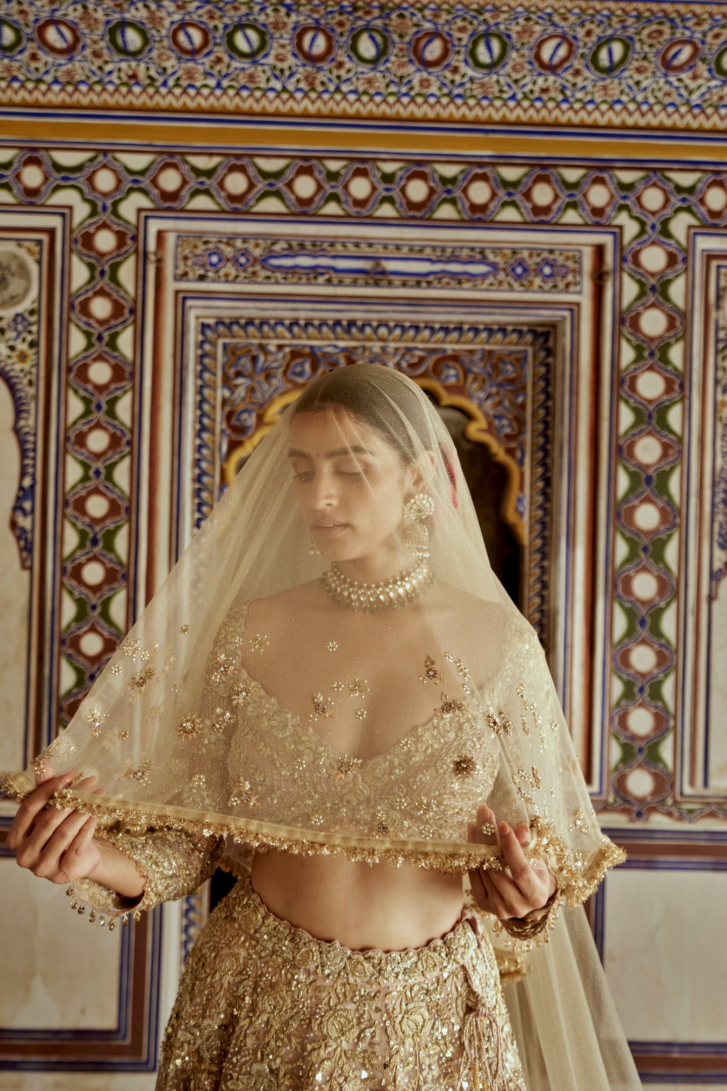 CHAMPAGNE GOLD NET LEHENGA CHOLI AND DUPATTA – Nitika Gujral